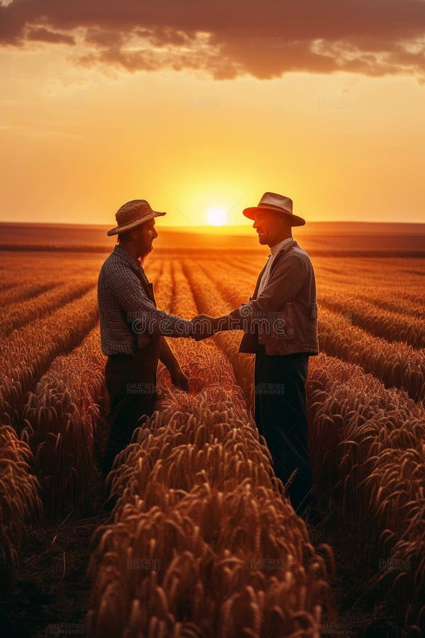Two Farmers Shaking Hands, Standing in a Field of Wheat at Sunset. AI ...