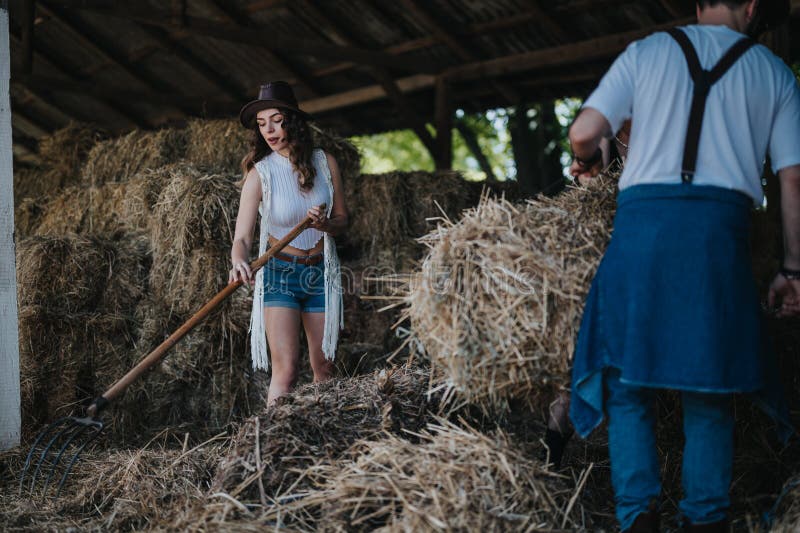 Farmers Working with Hay in Rustic Barn Environment Stock Image - Image ...