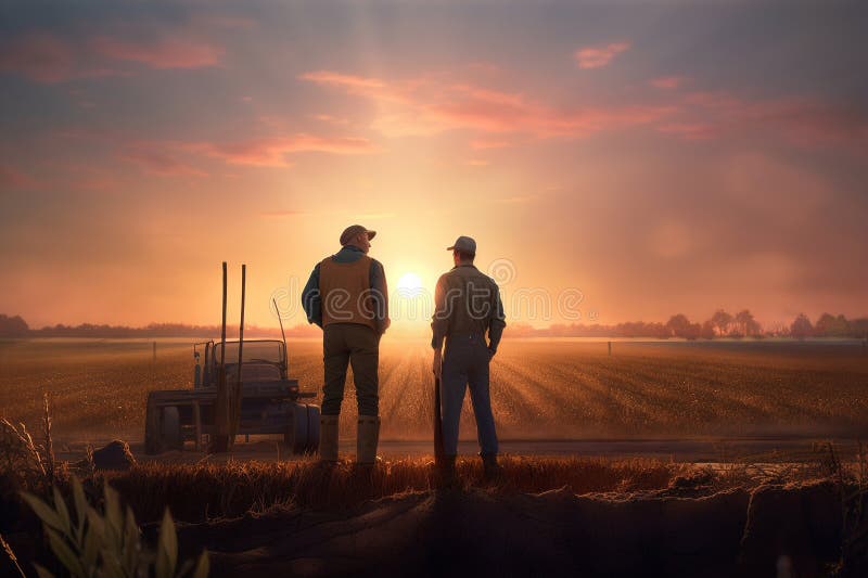 Two Farmers Working in the Field at Sunset. AI Generated Stock ...