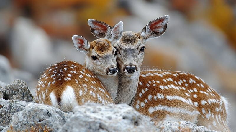 Two Fawn Deer Nestled Close on Rocks Stock Image - Image of wildlife ...