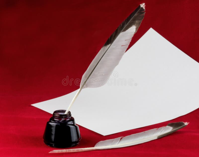 Quill Feather Pens with Ink Bottle and Sheet of Writing Paper on a Red ...