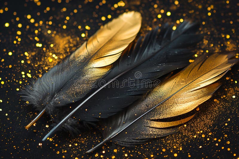 Two Feathers on a Black Surface with Gold Dust Stock Illustration ...