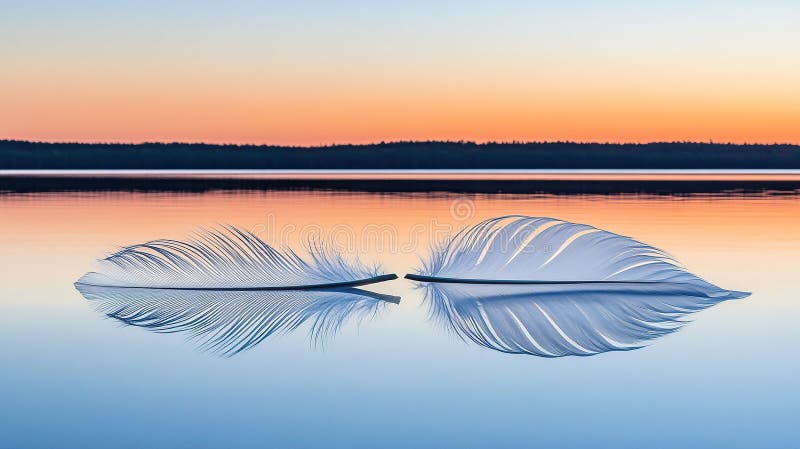 Two Feathers Float on Calm Lake at Sunset Stock Image - Image of white, design: 367851773