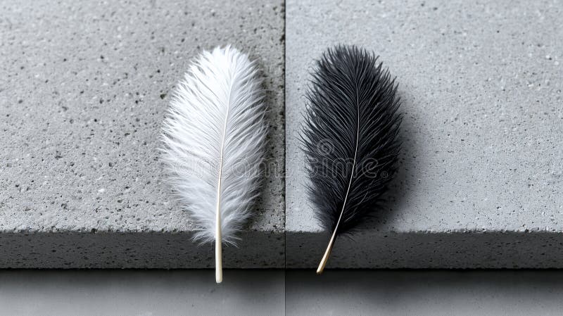 Two Feathers, One White and One Black, Rest on Adjacent Gray Concrete ...