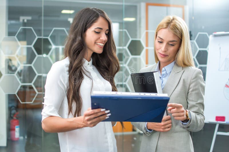 Two Female Co-workers Having a Discussion on a Project. Stock Photo ...