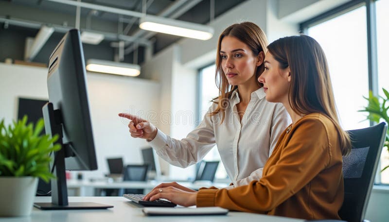 Two Female Colleagues Collaborating at a Computer in a Modern Office ...