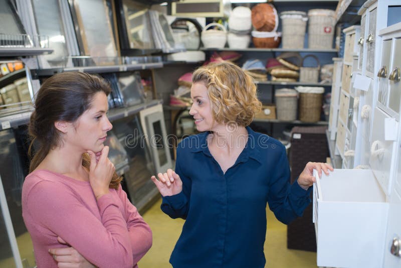 Two Female Customers Choosing Items for House Stock Image - Image of ...