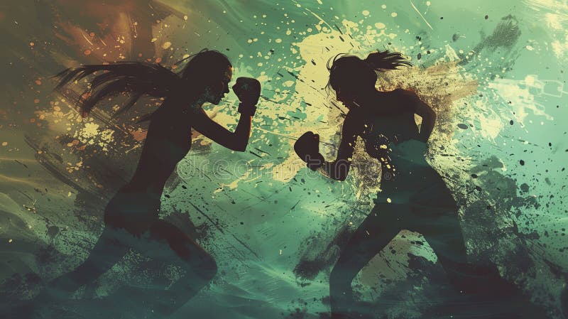 Two Female Fighters in a Dynamic Stance, Surrounded by Splashes of ...