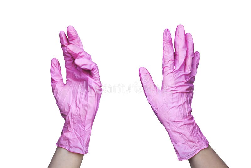 Two Female Hands In Blue Rubber Medical Gloves White Background