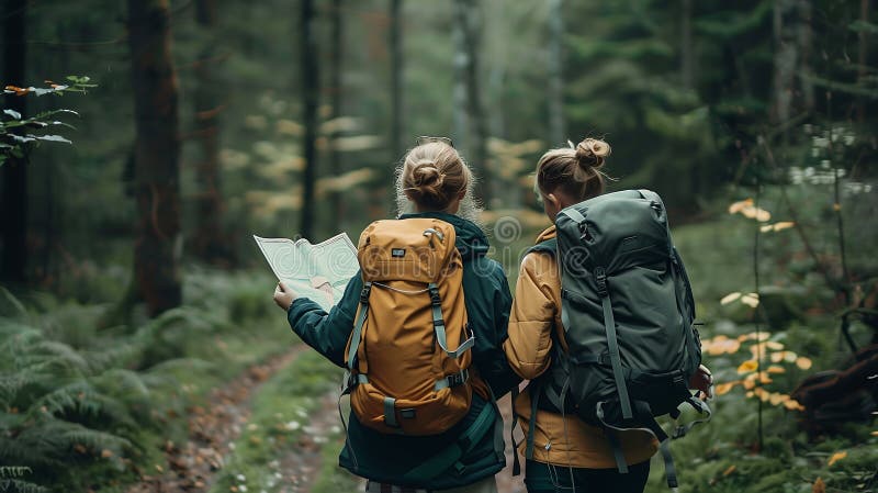 Two Female Hikers Navigating a Summer Forest Trail with Backpacks and ...