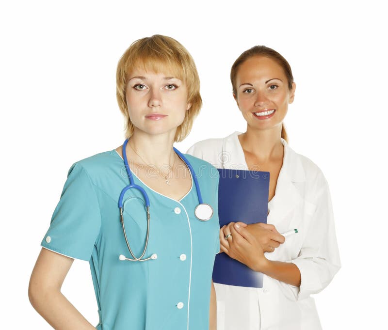 Team of Two Nurses in Medical Scrubs Clothes Stock Photo - Image of ...