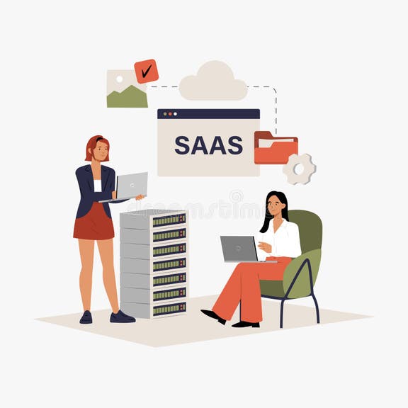 Two Female Professionals with Laptops Around SaaS Platform and Server in Flat Vector ...