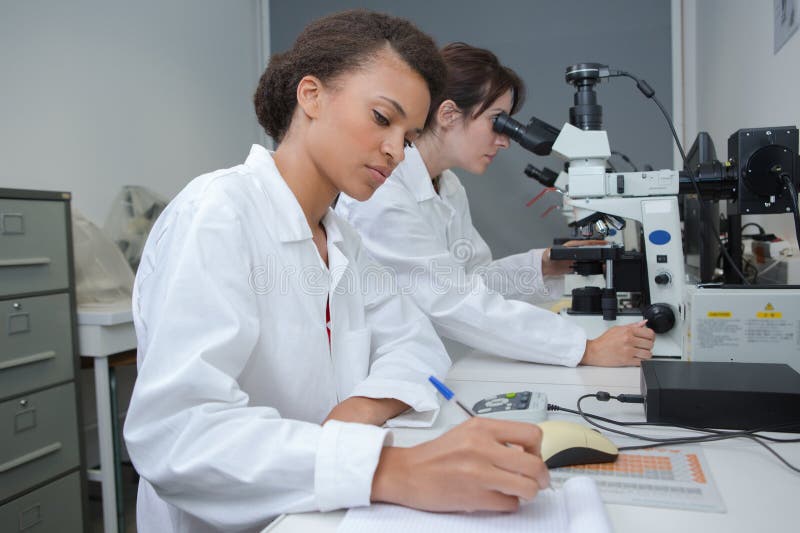 Two Female Science Working with Microscopes in Laboratory Stock Image ...