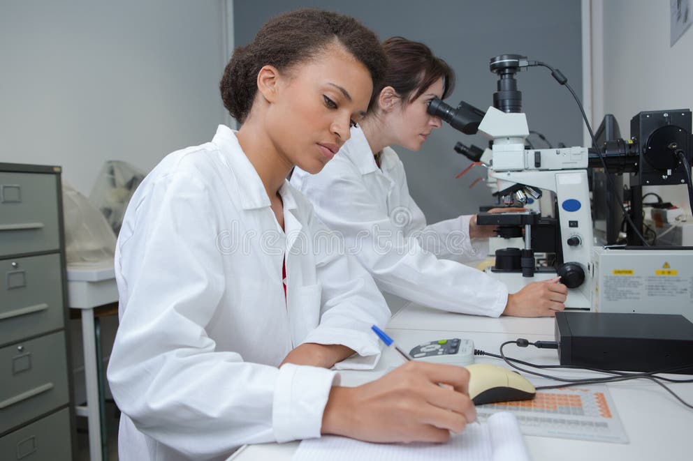 Two Female Science Working with Microscopes in Laboratory Stock Image ...