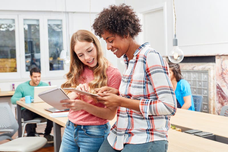 Two Female Students Work Together Successfully Stock Image - Image of ...