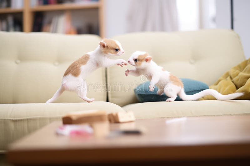 Two Ferrets Chasing Each Other on Sofa Stock Photo - Image of playful ...