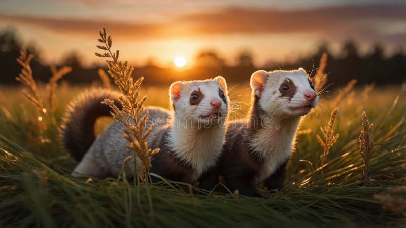 Golden Hour Ferrets in a Summer Meadow Stock Illustration ...