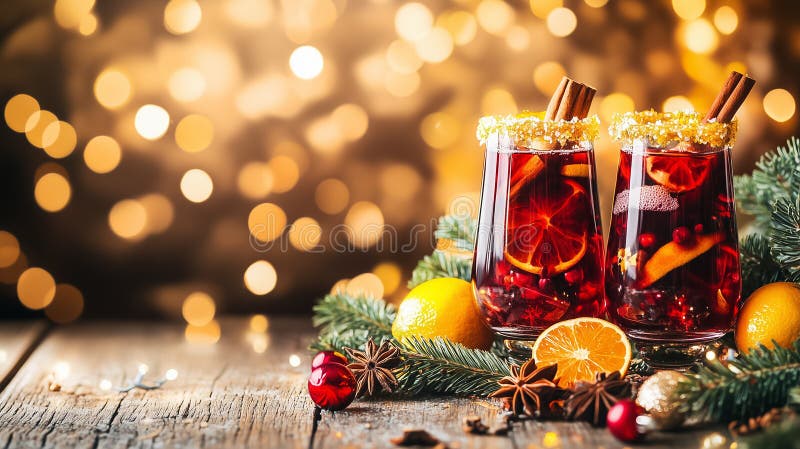 Two Festive Drinks Adorned with Spices and Citrus Sit on a Rustic Table ...
