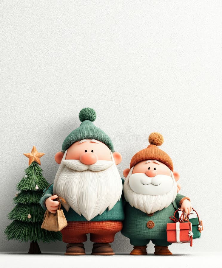 Two Festive Gnomes Standing Side by Side beside a Decorated Christmas ...