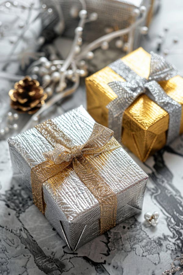 Two Festive Presents Wrapped in Silver and Gold on a Table. Perfect for ...