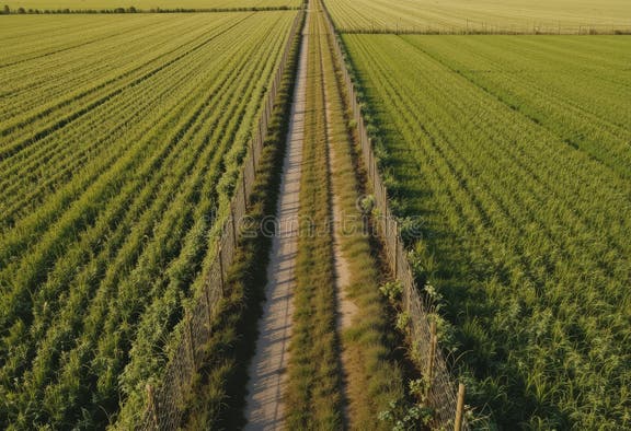Two Fields Separated by Fence. One Field Green. Pathway Runs through ...