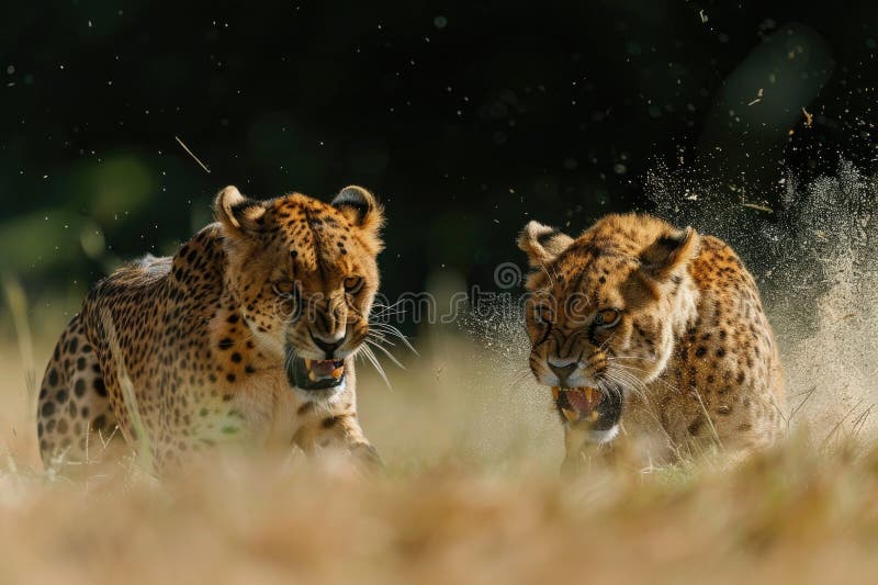 Two Fierce Cheetahs Running in the Wild Grasslands with Dust Clouds ...