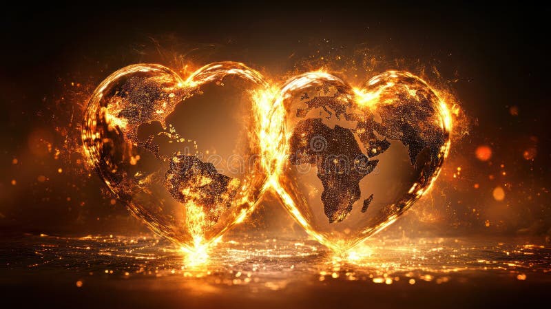 Two Fiery Hearts Shaped Like the Earth, Burning with Passion Stock ...