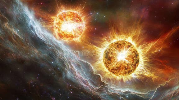 Two Fiery Stars Exploding in Cosmic Nebula Stock Illustration ...