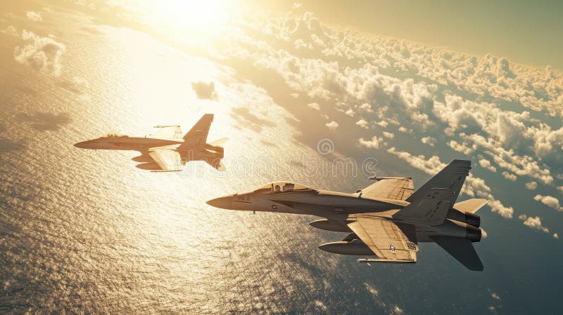 Two Fighter Jets Flying Above the Clouds at Sunset Stock Illustration ...