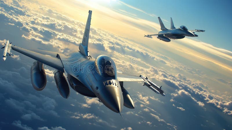 Two Fighter Jets Flying in Formation Above Clouds Stock Illustration ...