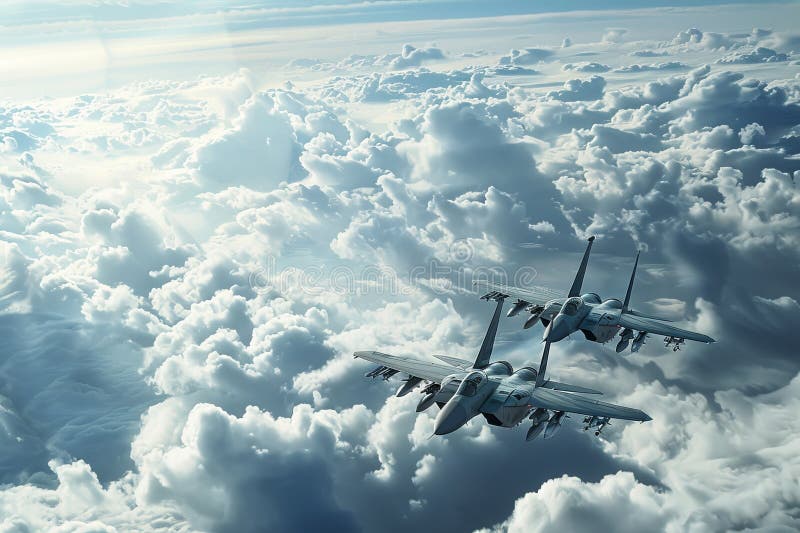 Two Fighter Jets Flying in Formation Over Fluffy Cumulus Clouds in the ...