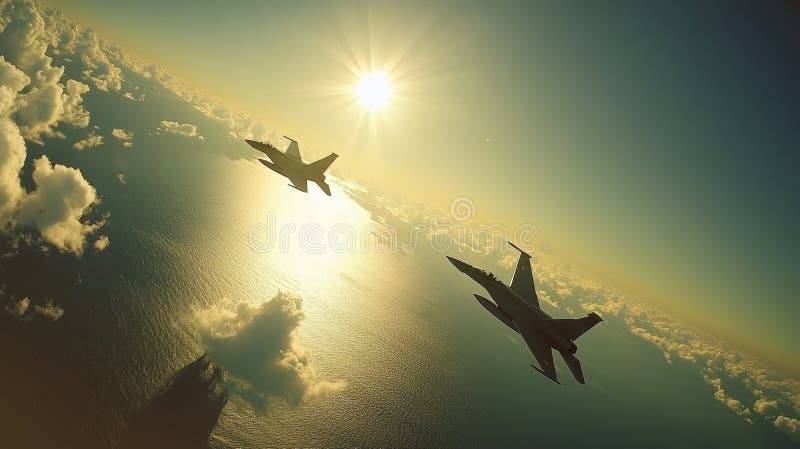 Two Fighter Jets Flying in Formation Over Ocean at Sunset Stock ...