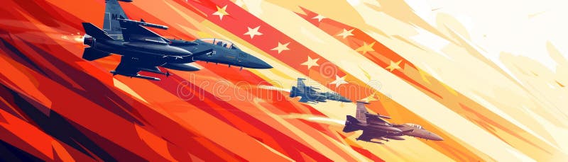 Two Fighter Jets Flying Over an American Flag Stock Illustration ...