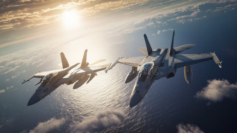 Two Fighter Jets Flying Over a Cloudy Ocean during Sunset Stock ...