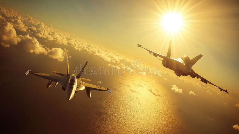 Two Fighter Jets Flying Over the Ocean at Sunset Stock Illustration ...