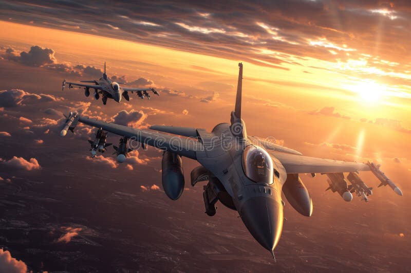 Two Fighter Jets are Soaring Dramatically through the Sky at Sunset ...