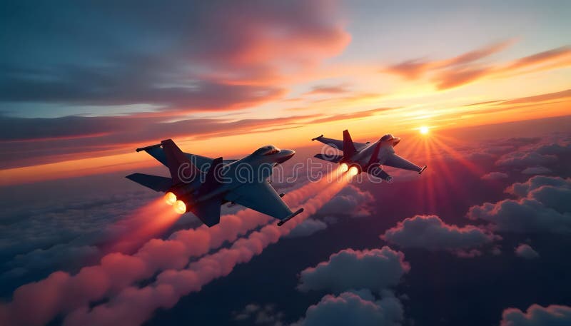 Two Fighter Jets Soaring High Above the Clouds during a Vibrant Sunset ...