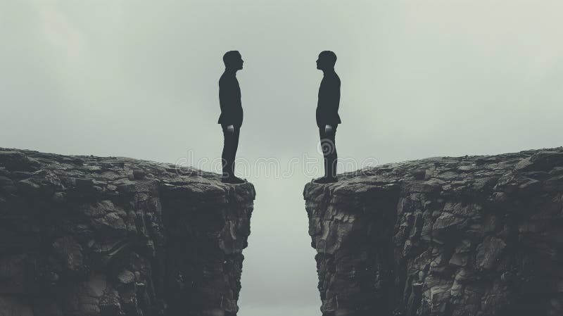 Two Figures on Cliffs Face Each Other, Symbolizing Tension Against a ...