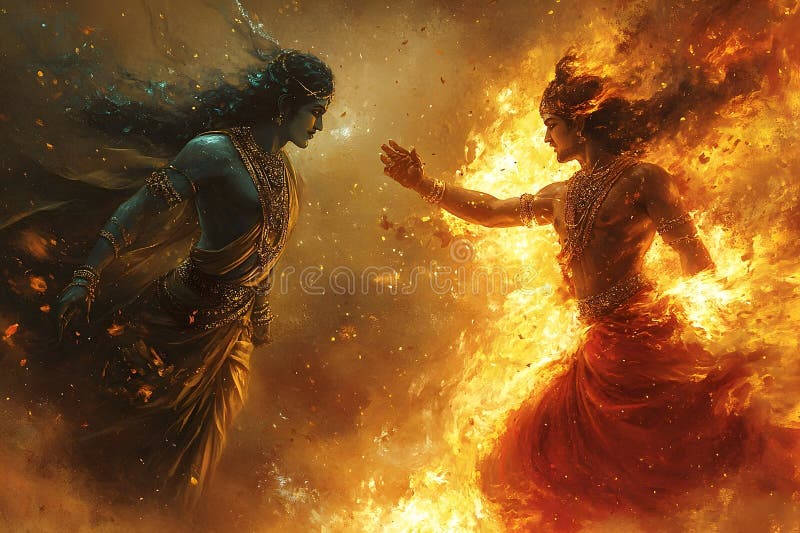 Two Figures Confront Each Other Amid Swirling Fire and Dramatic Energy ...
