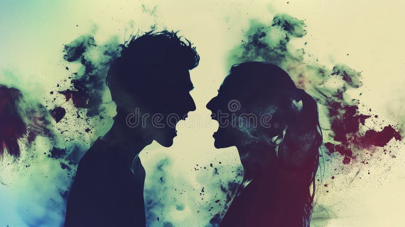 Two Figures Confront Each Other in Anger, with Abstract Colors ...
