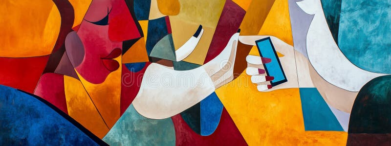 Two Figures in Cubist Style Engaging with a Mobile Phone. Stock ...