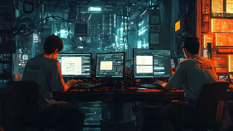 Two Figures Engrossed in Digital Work in a Futuristic, Illuminated ...