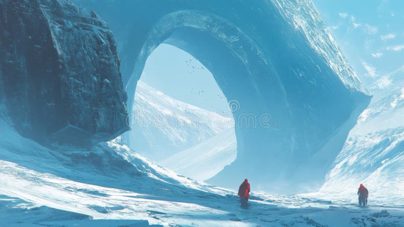 Two Figures Exploring a Snowy Mountain Arch Stock Illustration ...