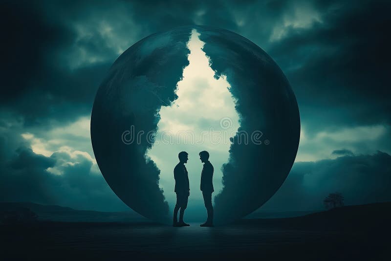 Two Figures Face Each Other in a Surreal Setting, Where a Globe Split ...