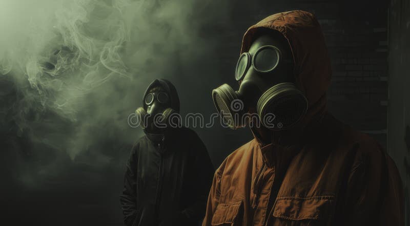 Two Figures in Gas Masks Amid Smoke and Shadows Stock Image - Image of ...
