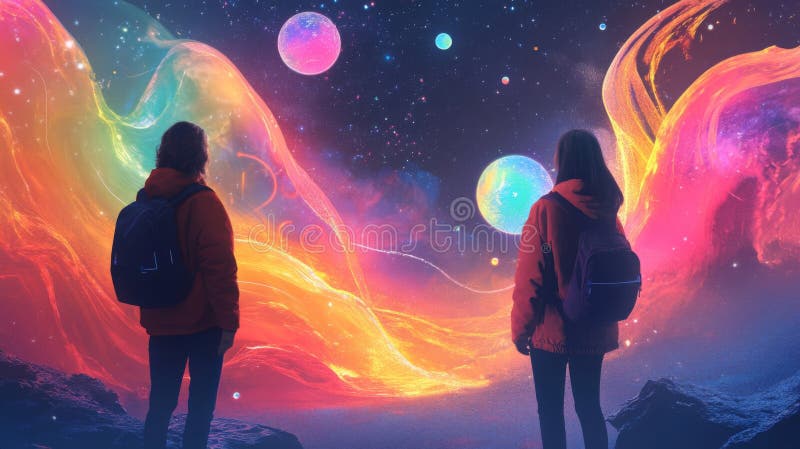 Two Figures Gaze at a Vibrant Cosmic Landscape at Night Stock ...
