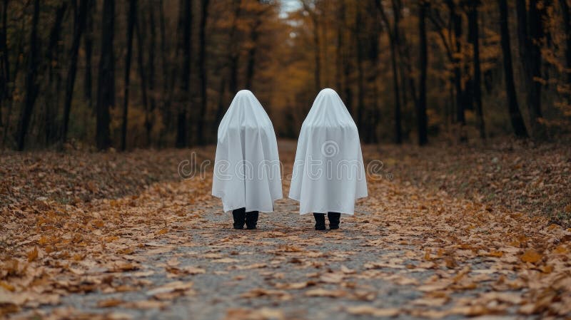 Two Figures in Ghost Costumes Walking Down a Leafcovered Path in Autumn ...