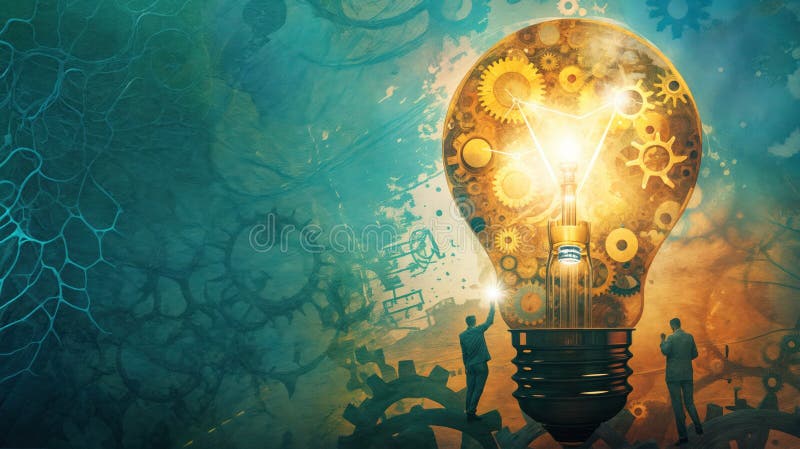 Two Figures by Glowing Gear-filled Bulb Stock Illustration ...