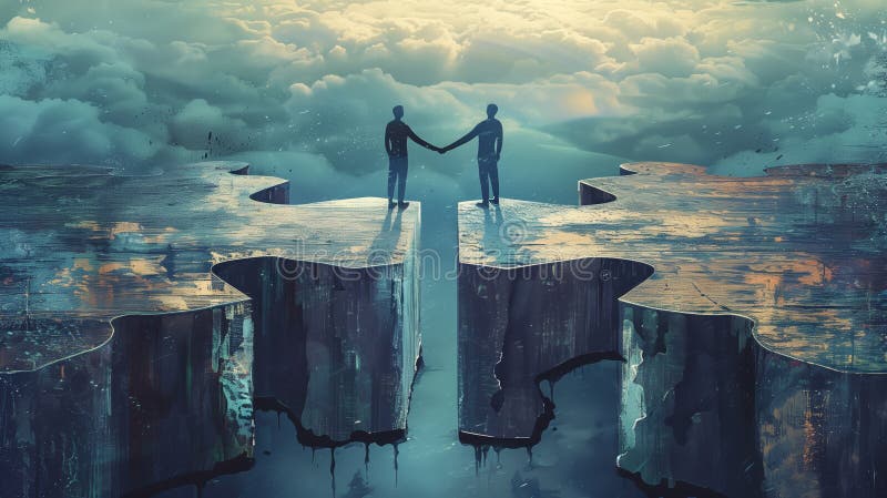Two Figures Holding Hands on Puzzle Pieces Bridge Stock Illustration ...