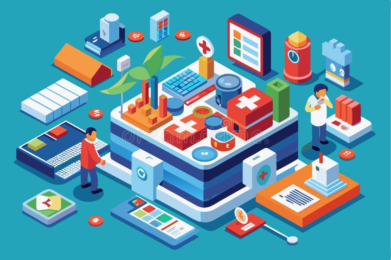 Two Figures Interact with a Colorful Layout Featuring Medical Tools ... Two Figures Interact with a Colorful Layout Featuring Medical Tools ...